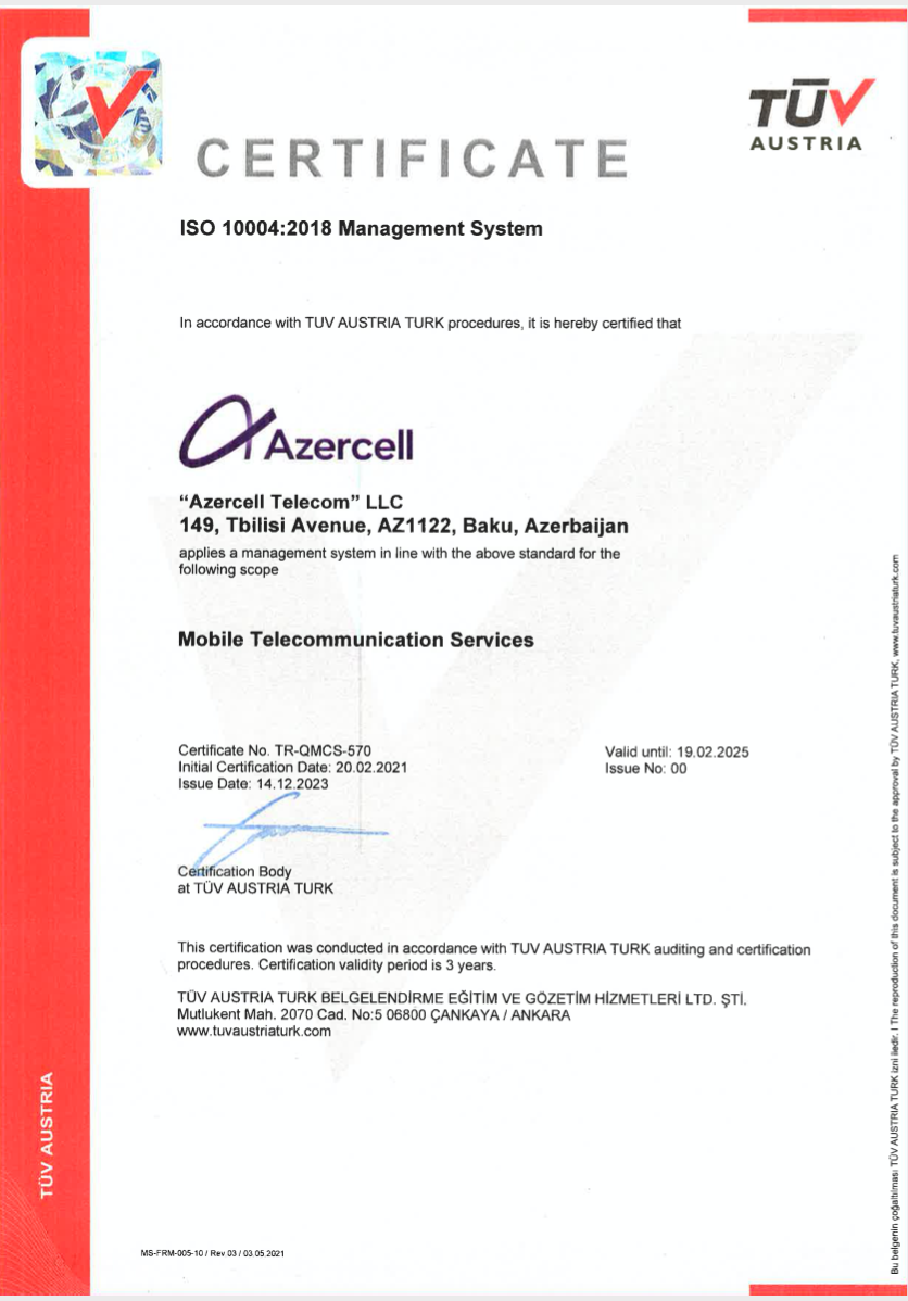 Azercell was awarded an international certificate for quality management